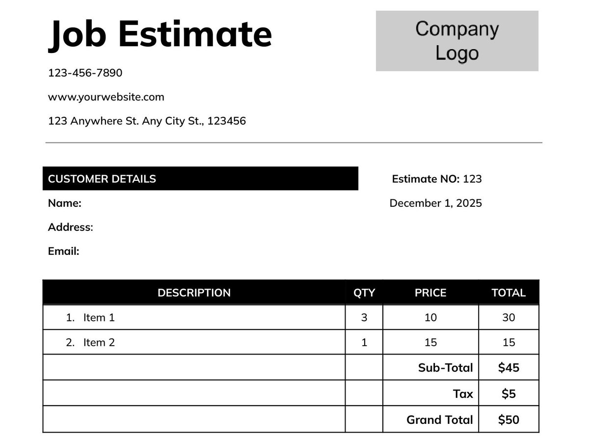 Printable Job Estimate Forms